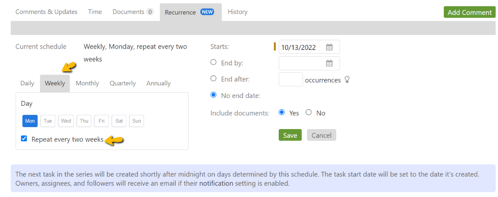 Bi-weekly recurring tasks (every two weeks) | Intervals Help Docs