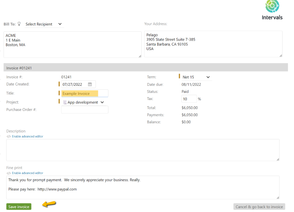 Can I change the name of invoice? | Intervals Help Documentation